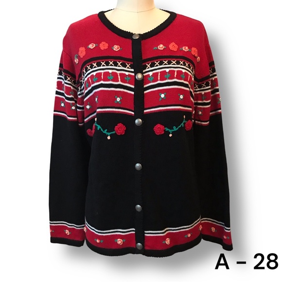 Willow Ridge | Sweaters | Vtg Willow Ridge Black Red Floral Button Knit ...